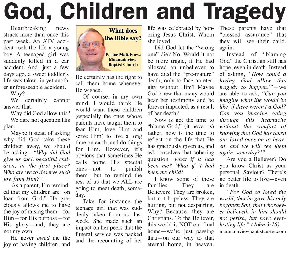 Pastor’s Local Newspaper Articles