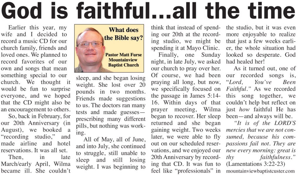 Pastor’s Local Newspaper Articles